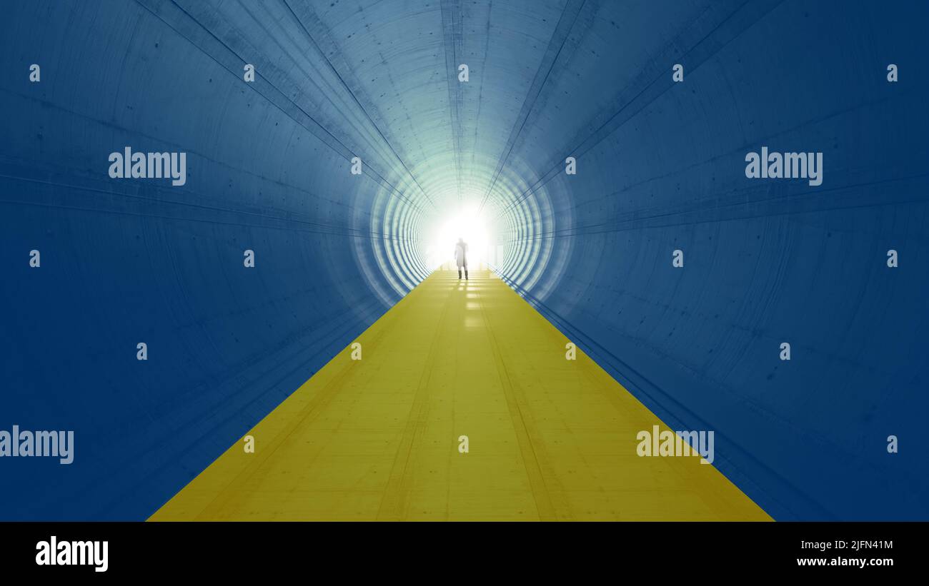 Concept or conceptual blue and yellow tunnel, the Ukrainian flag colors ...