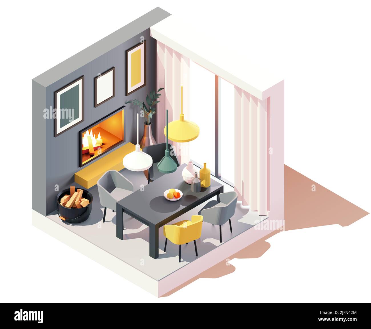 Vector isometric modern dining room with fireplace interior. Dining ...