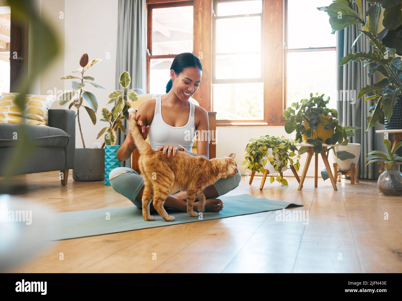 Take a break and pet me. Shot of a sporty young woman petting her cat ...