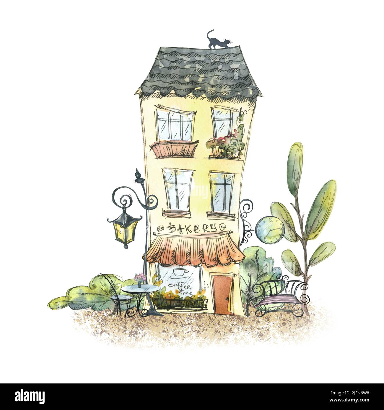 A cute house with a bakery, a lantern, a bench and trees. Watercolor ...