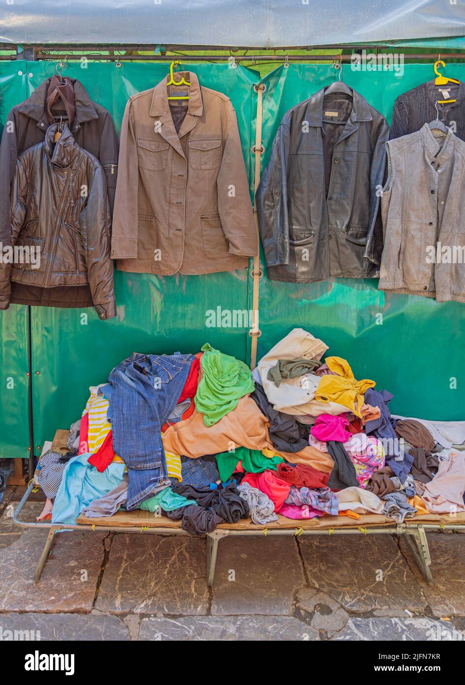 Leather Jackets Pile of Second Hand Clothes at Flea Market Stock Photo ...