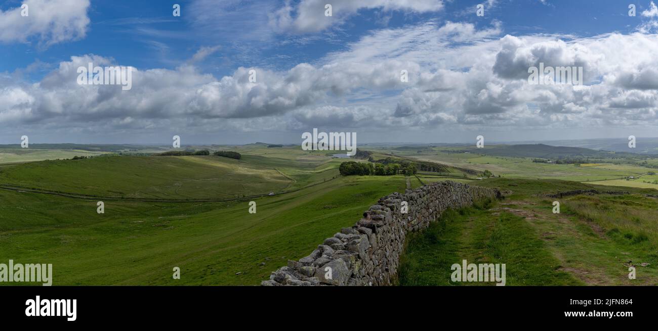 A panorama landscape view of remnants of Hadrian's Wall near Steel Rigg ...