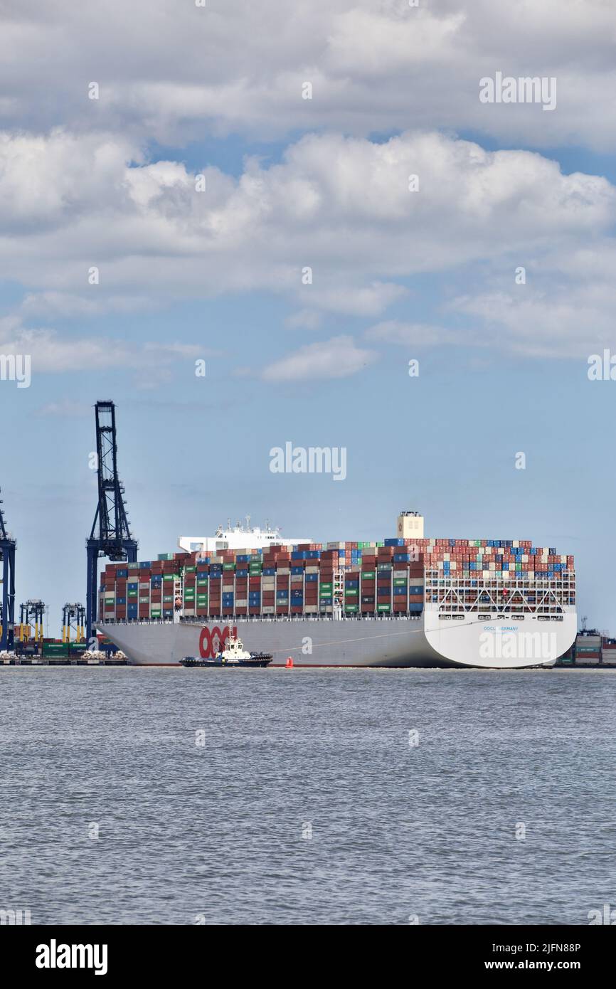 Container ship docking at the Port of Felixstowe, Suffolk, UK Stock ...