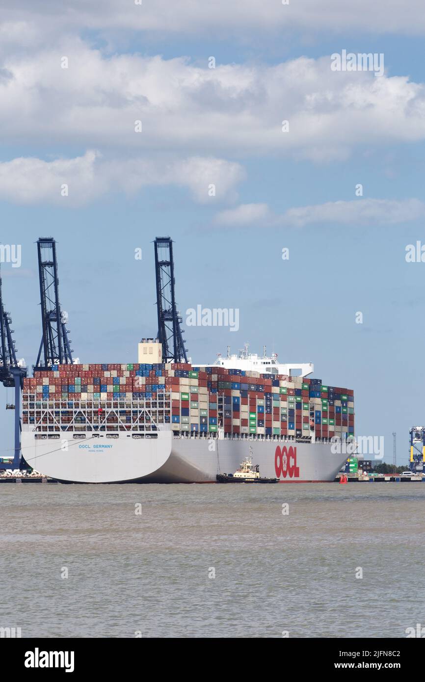 Container ship docking at the Port of Felixstowe, Suffolk, UK Stock ...