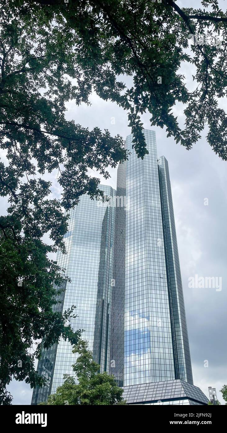 A vertical view of Deutsche Bank twin towers in Frankfurt Germany Stock ...
