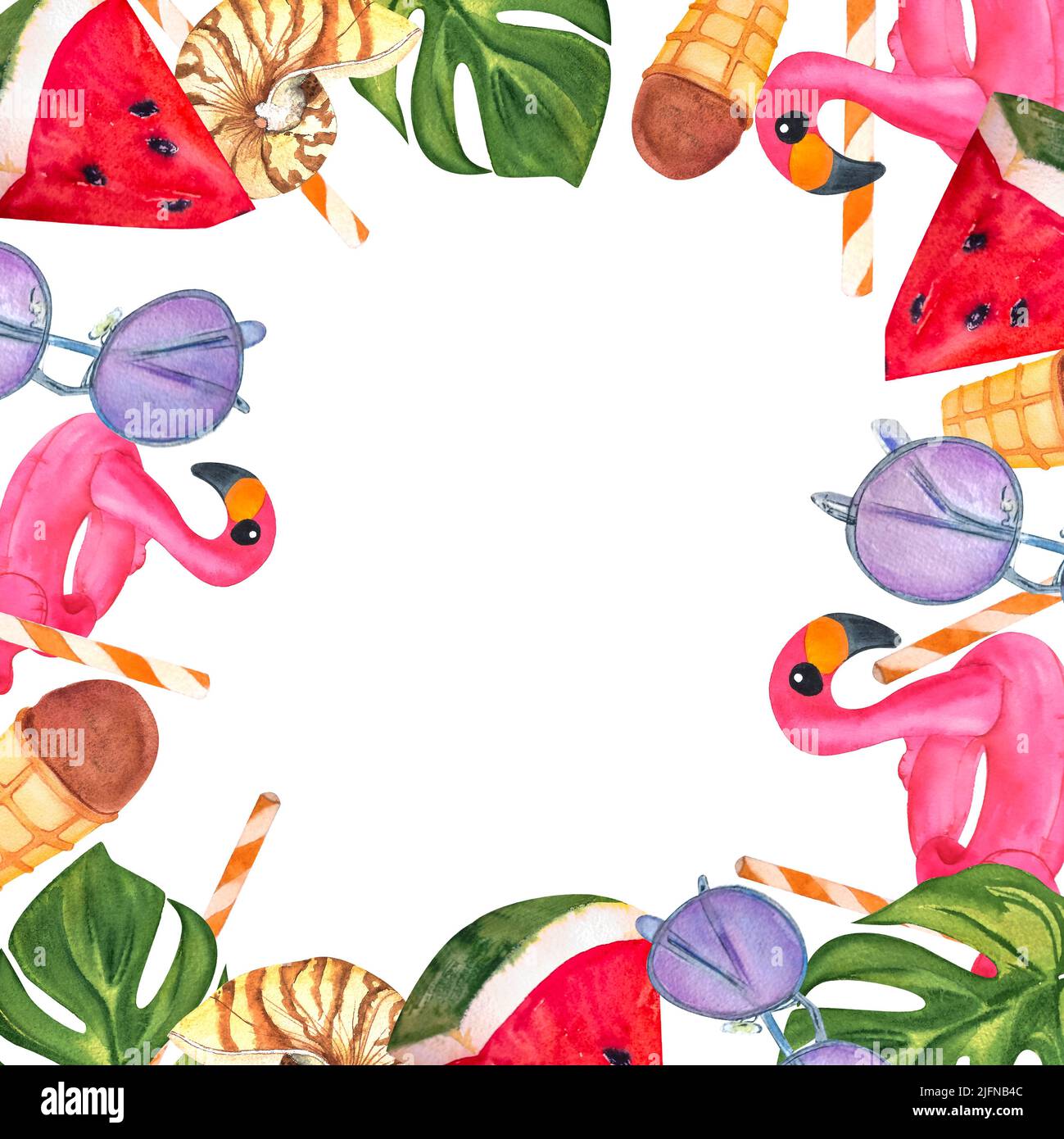 watercolor set for design - pink flamingo, hat with a pink bow ...