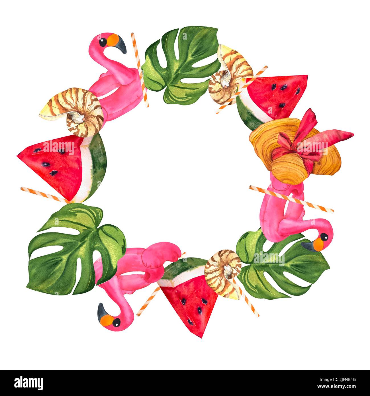 watercolor set for design - pink flamingo, hat with a pink bow ...