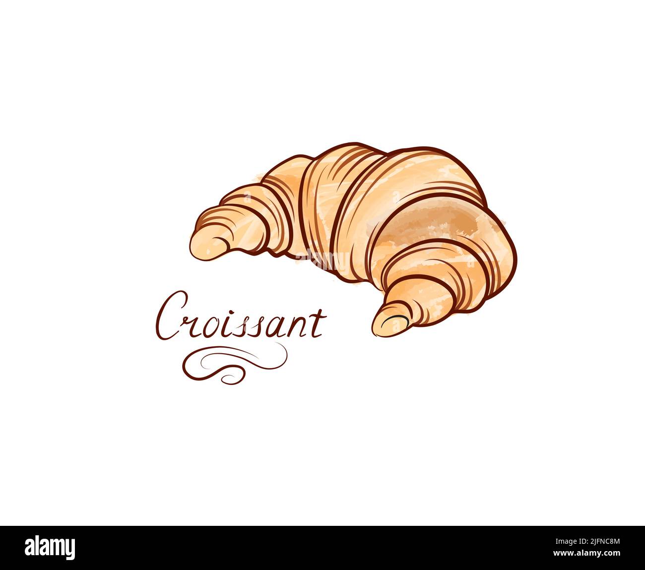 Croissant french food icon. Grain food color hand drawing line art on over white background ...
