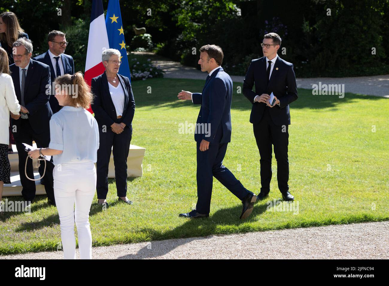 France's President Emmanuel Macron arrives for an official picture ...