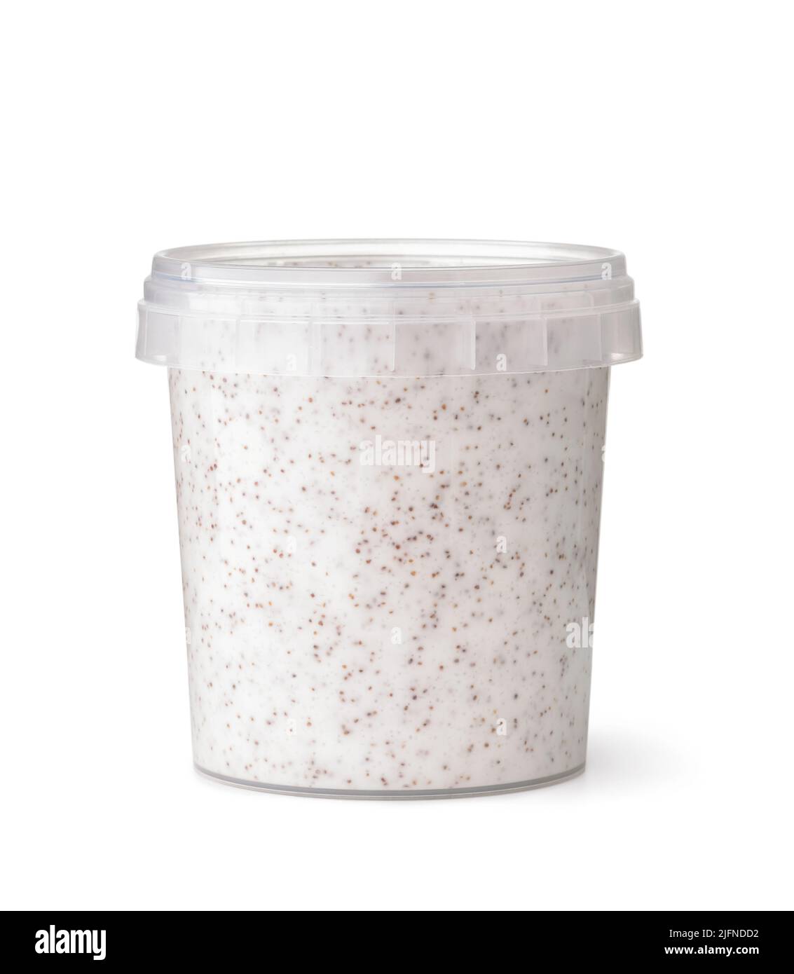 Front view of body scrub in transparent plastic container isolated on ...