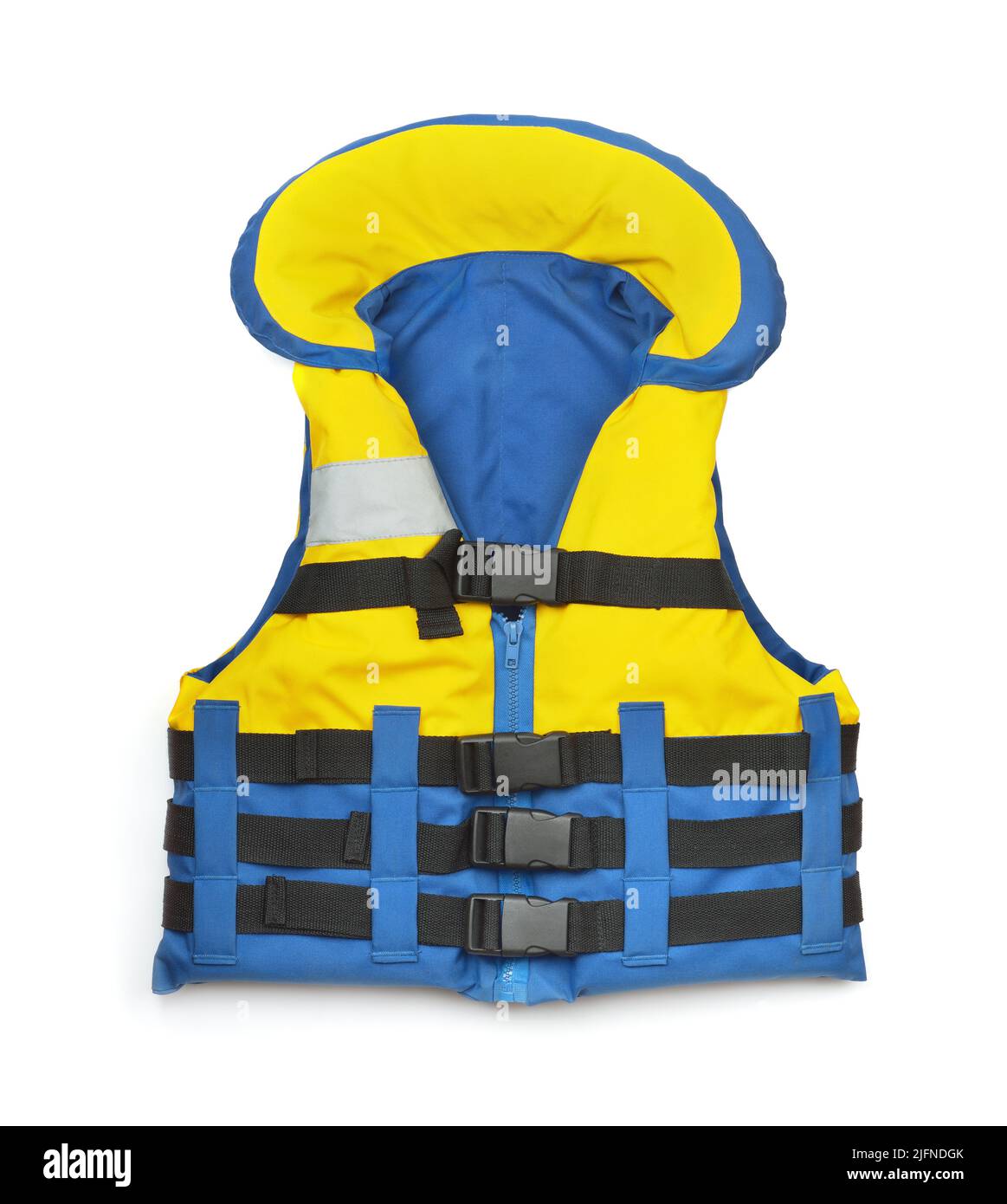 Top view of yellow blue sailing floating life jacket isolated on white ...