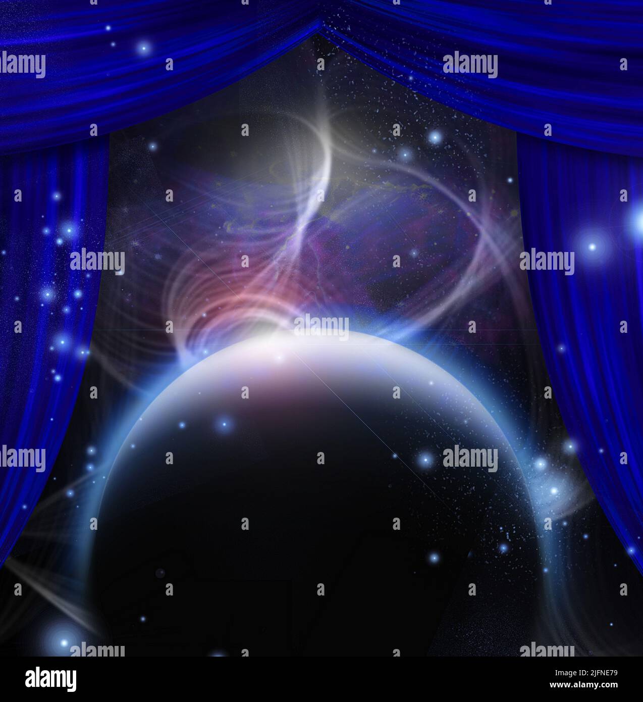 Planet and space with stage curtains. 3D rendering Stock Photo - Alamy