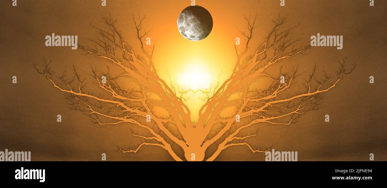 Mystic Tree of Life. Moon in The Sky. Sunset or Sunrise. 3D rendering ...