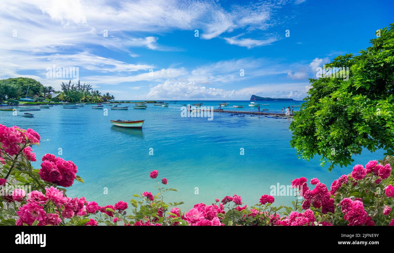 Landscape view of the blue transparent sea and beach in the summertime ...