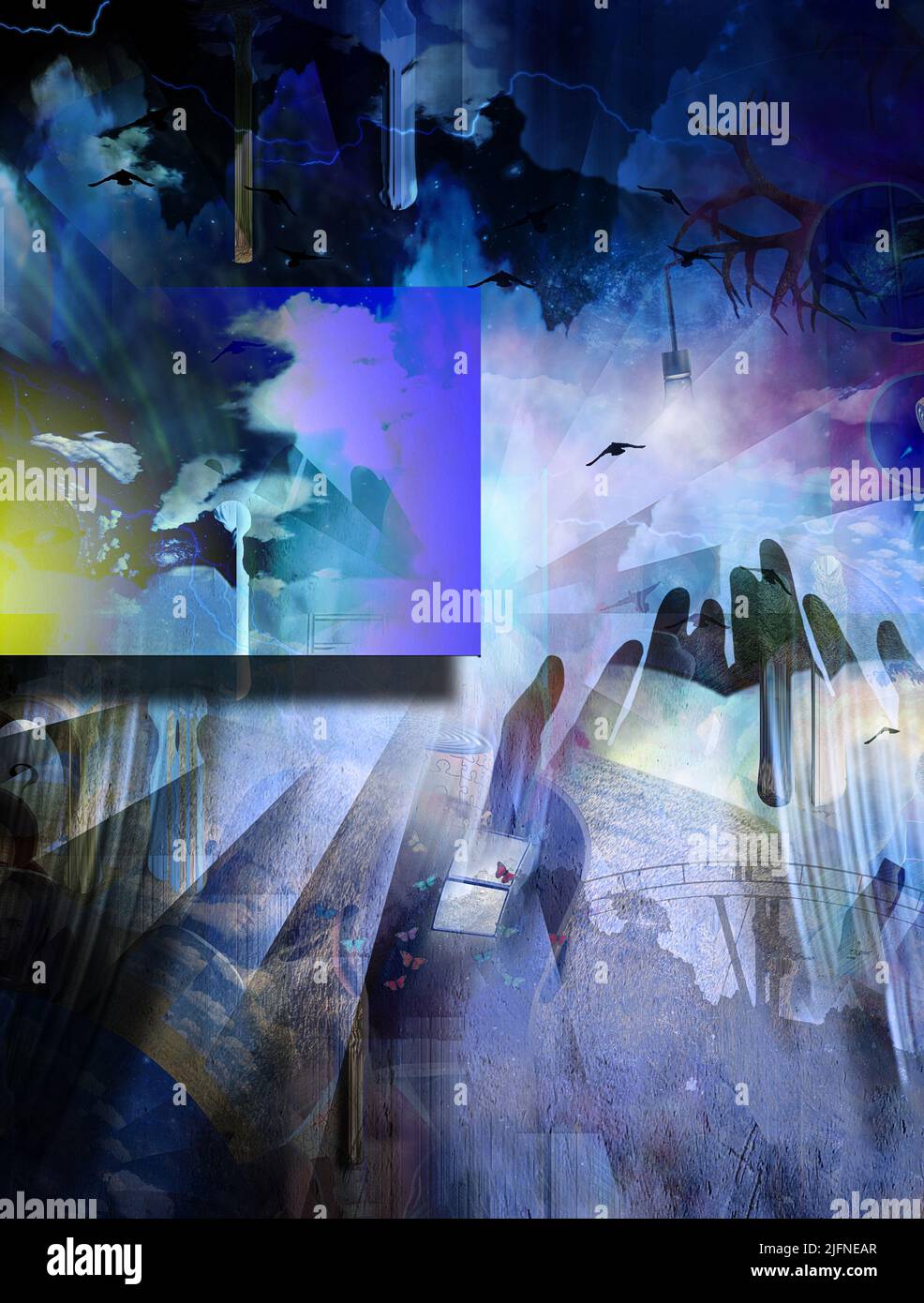 Surreal composition. Praying hands, men with thoughts and hopes. Tree ...