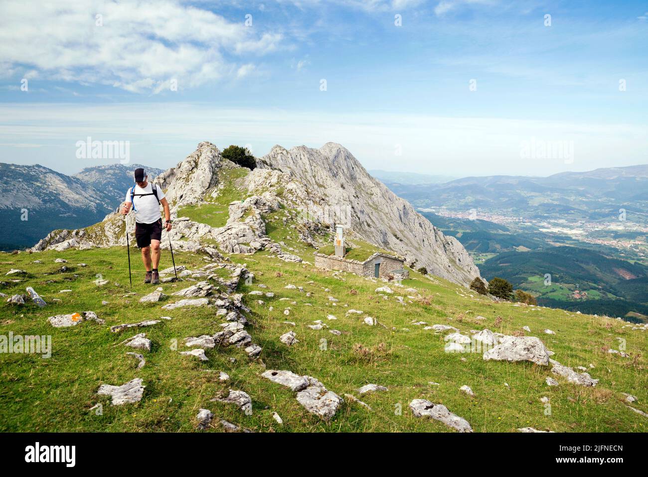 Man hiking on the mountains at Urkiola Natural Park, Biscaya, Basque ...
