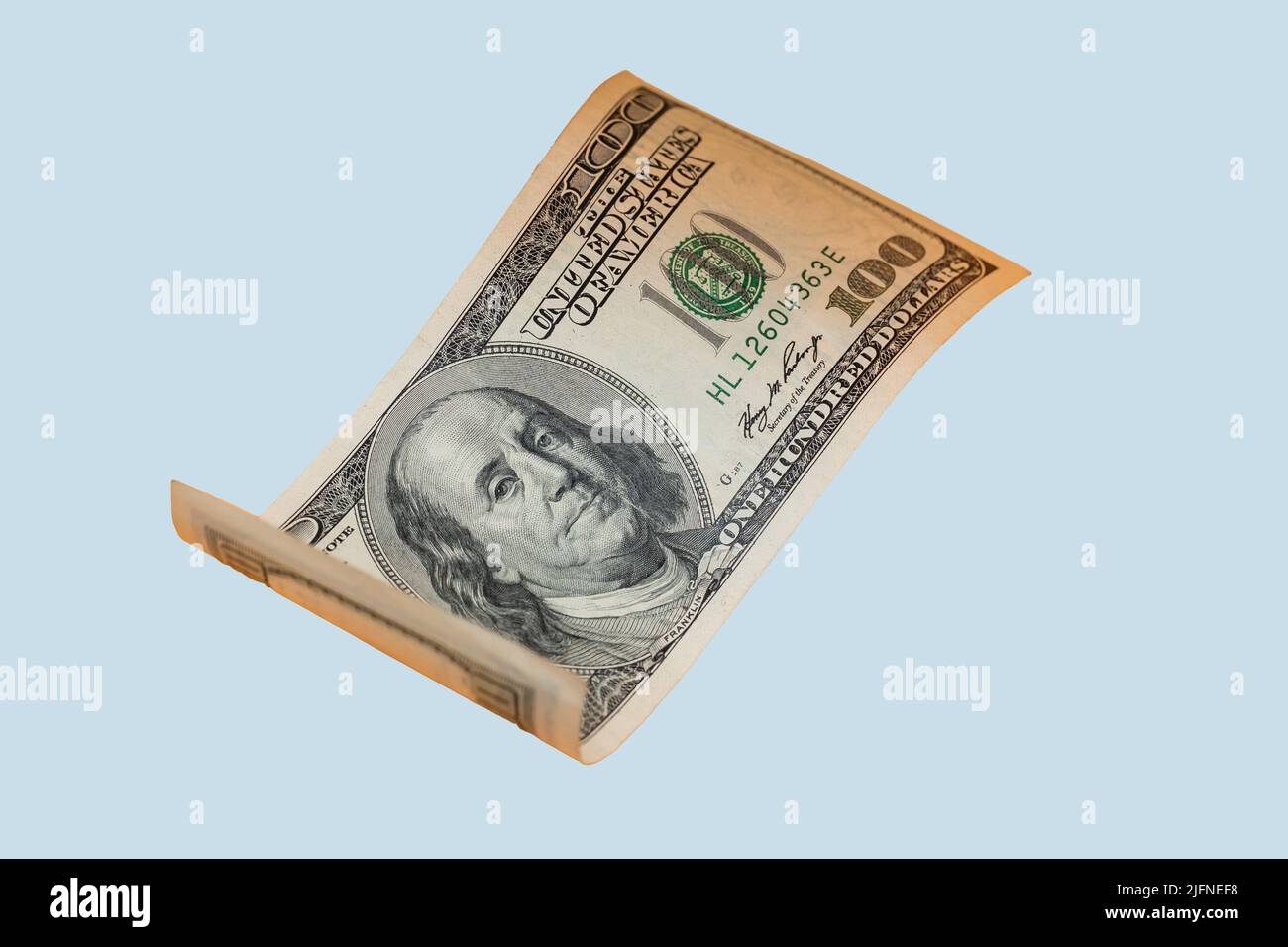 Flying 100 American dollars banknote, isolated on white background ...