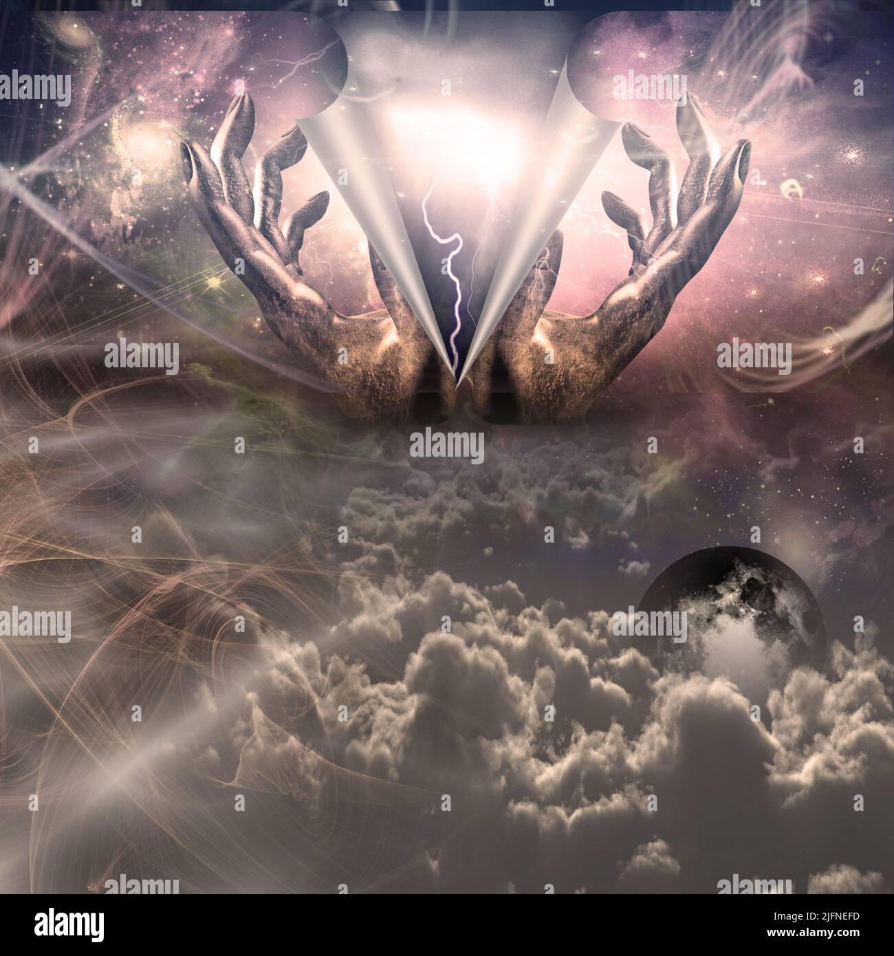 Surrealism. Hands of God in the sky. 3D rendering Stock Photo - Alamy