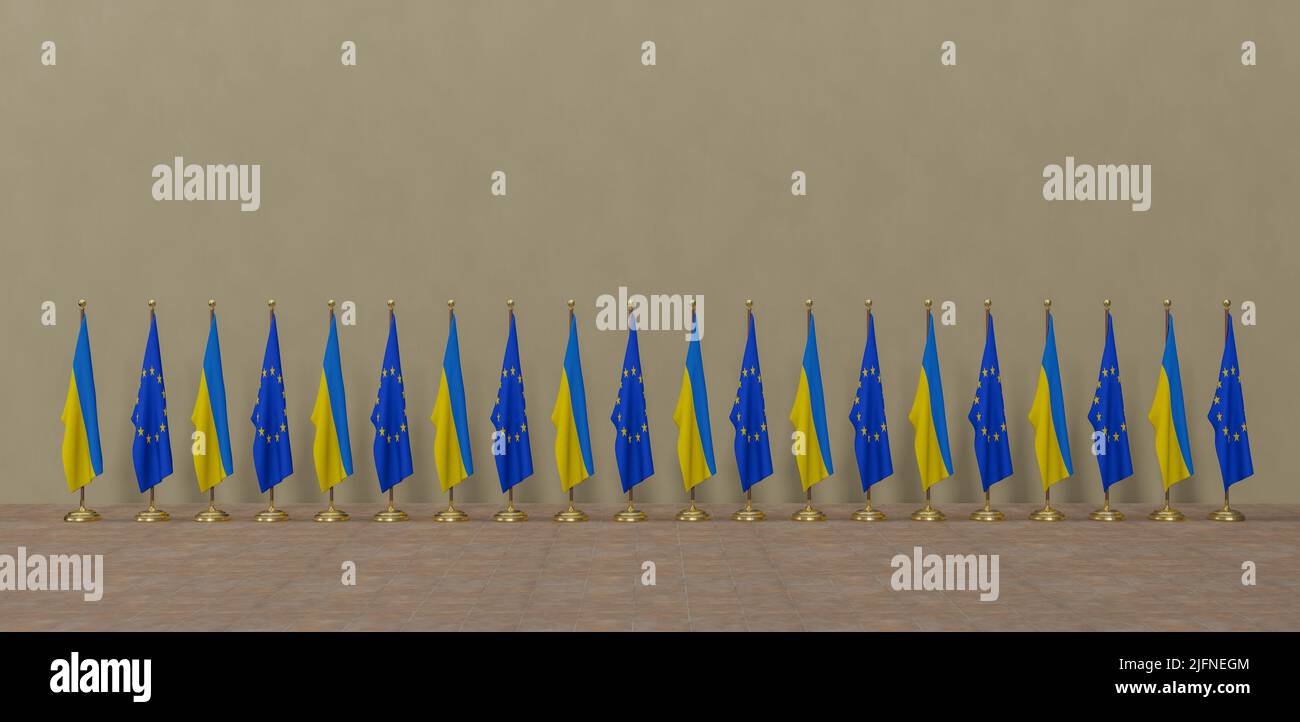 Ukraine and Europe Summit or meeting concept. Ukraine flags and Europe ...