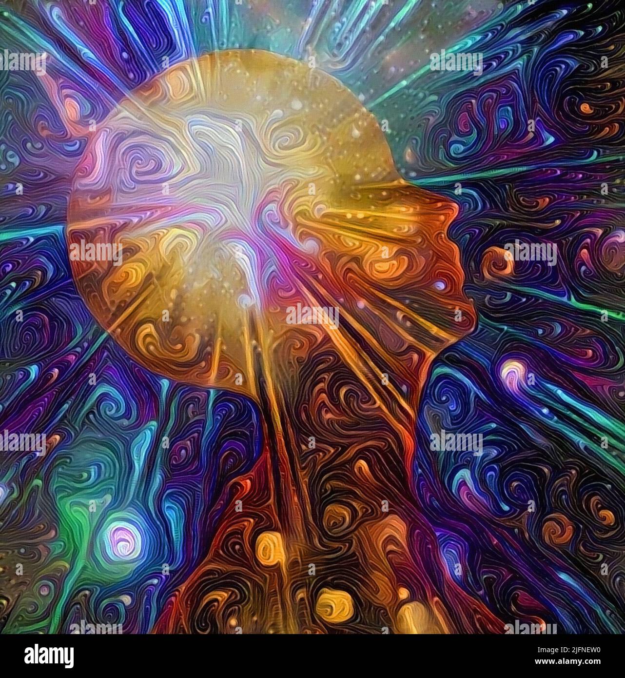 Human head radiates vivid light. Mental power. 3D rendering Stock Photo ...