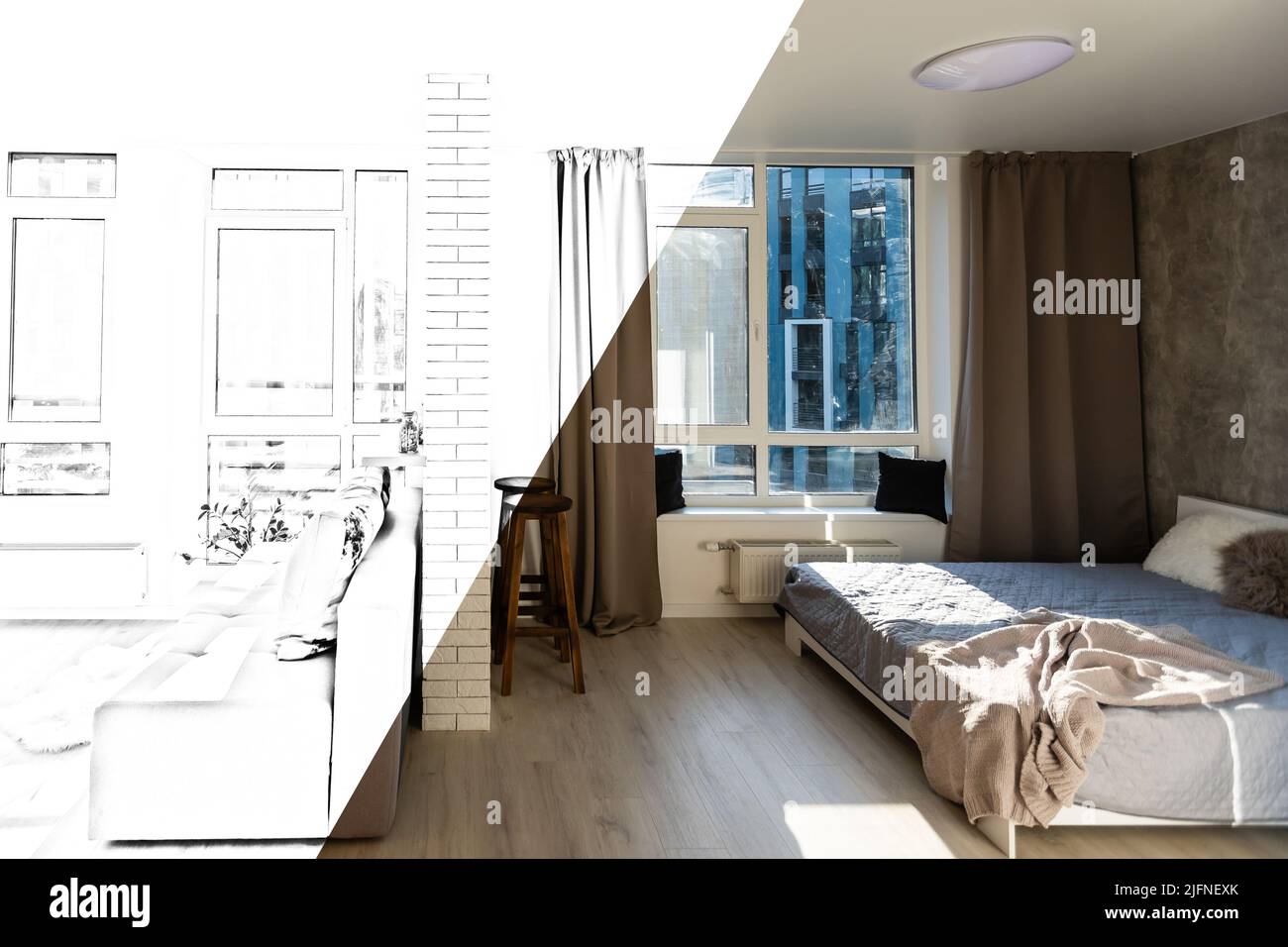 Before and after renovation modern office interior sketch. Repairs ...
