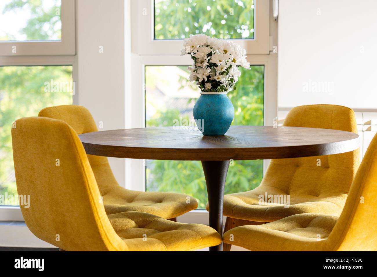 Blue vase with margaret flowers on wooden round dining table with ...