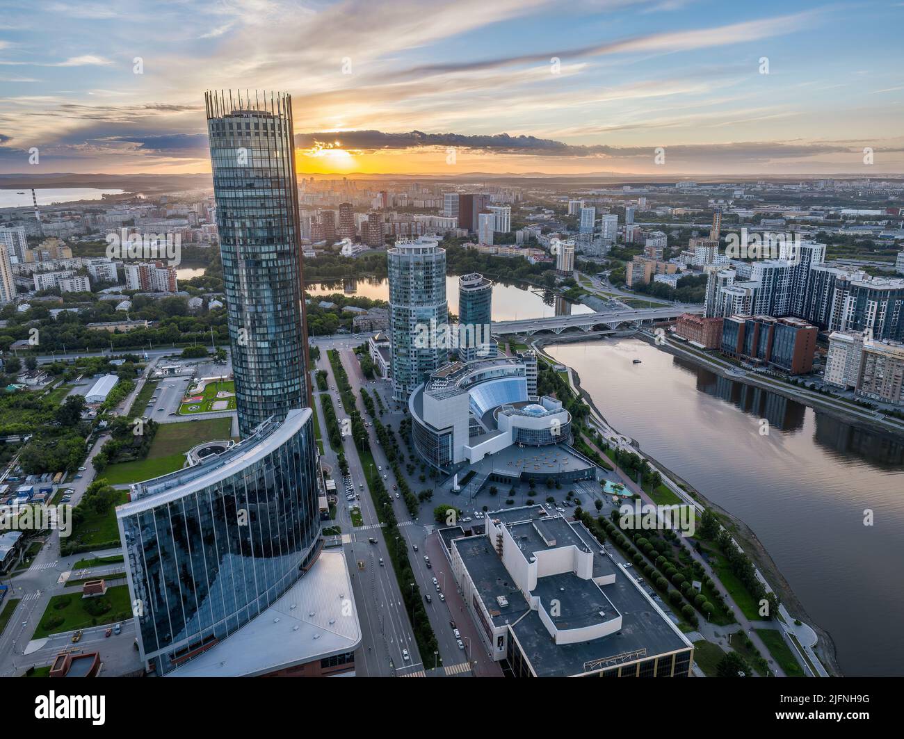 Yekaterinburg city and pond aerial panoramic view at summer sunset ...
