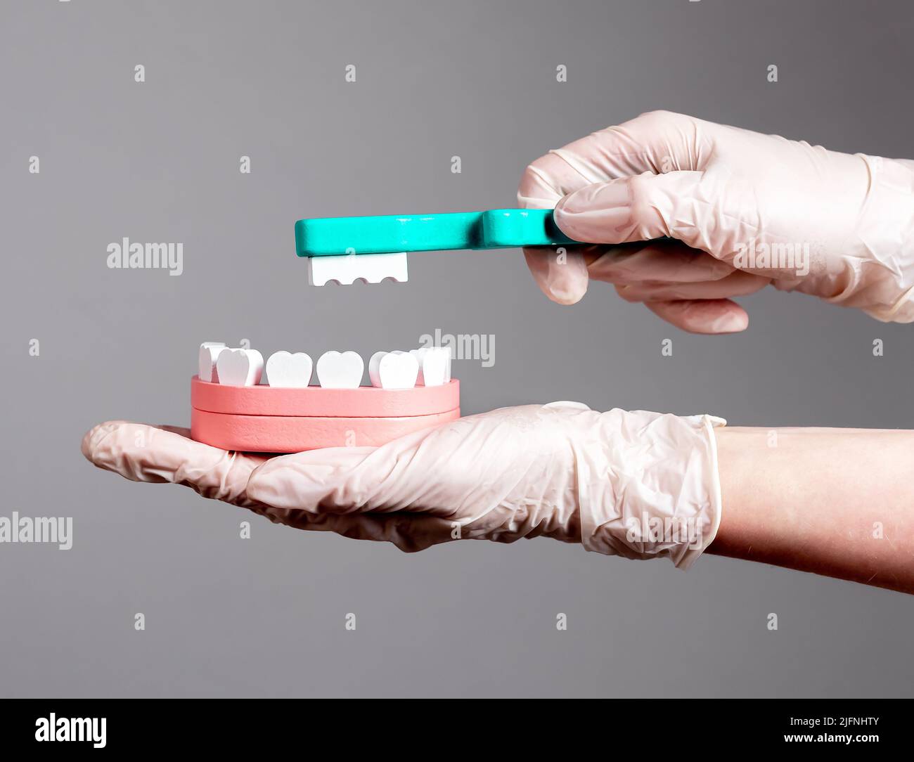 Brushing teeth on toy jaw model with kids toothbrush. Oral dental ...
