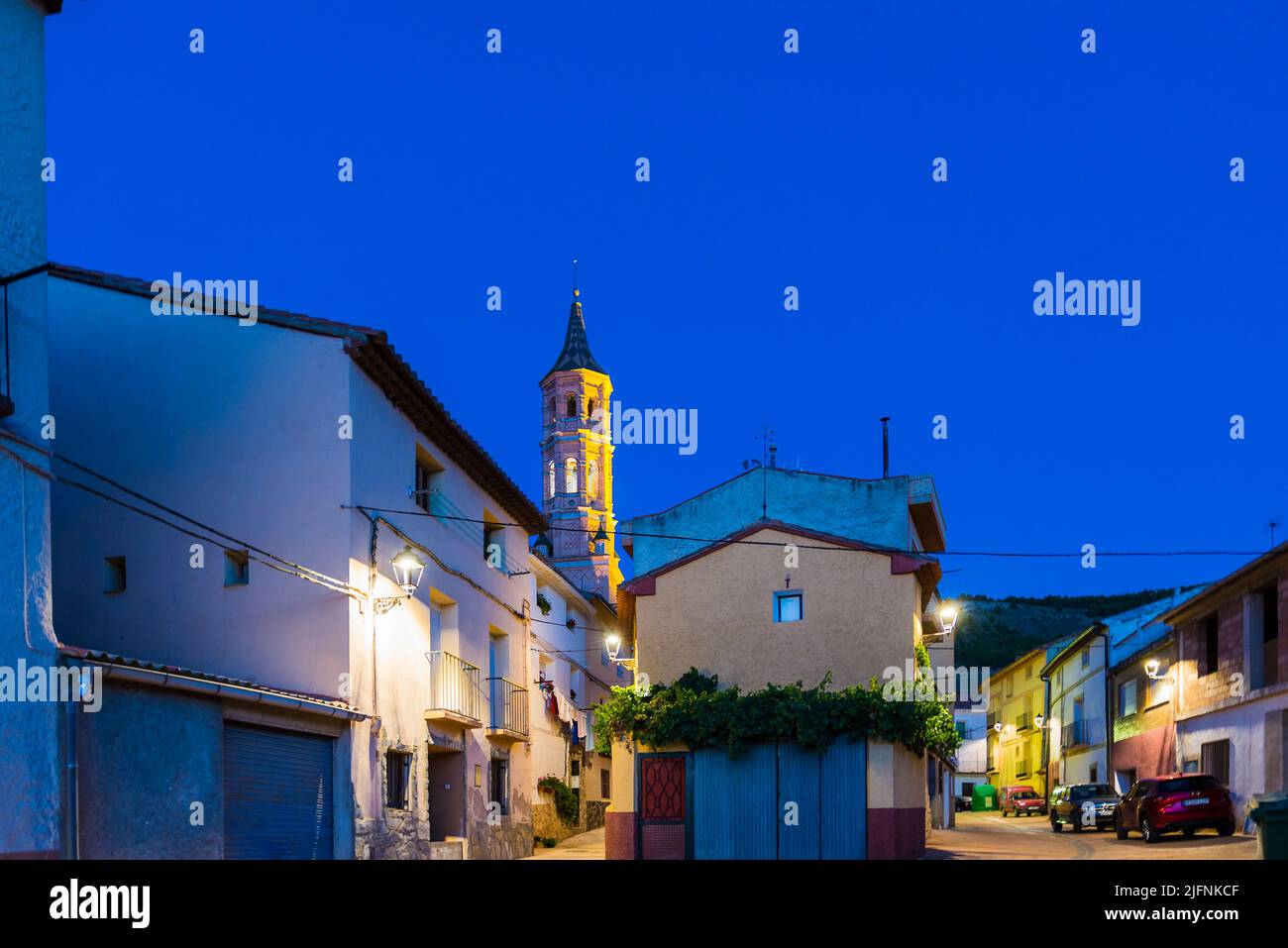 The village of Monterde, highlights the Mudejar tower of the church of ...