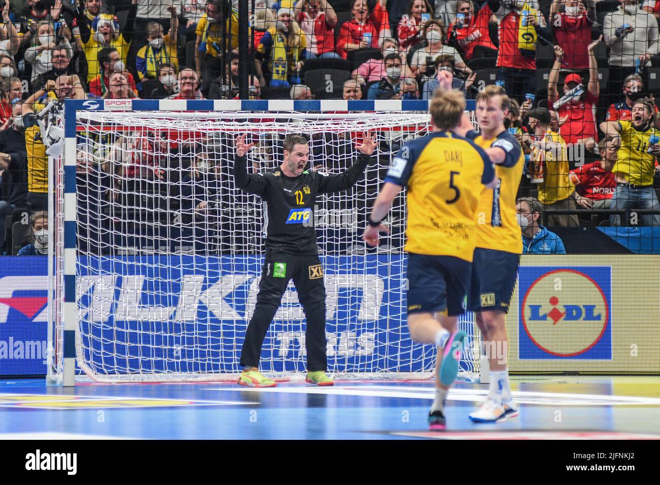 Goalkeeper Andreas Palicka (Sweden) celebrates the win against France ...