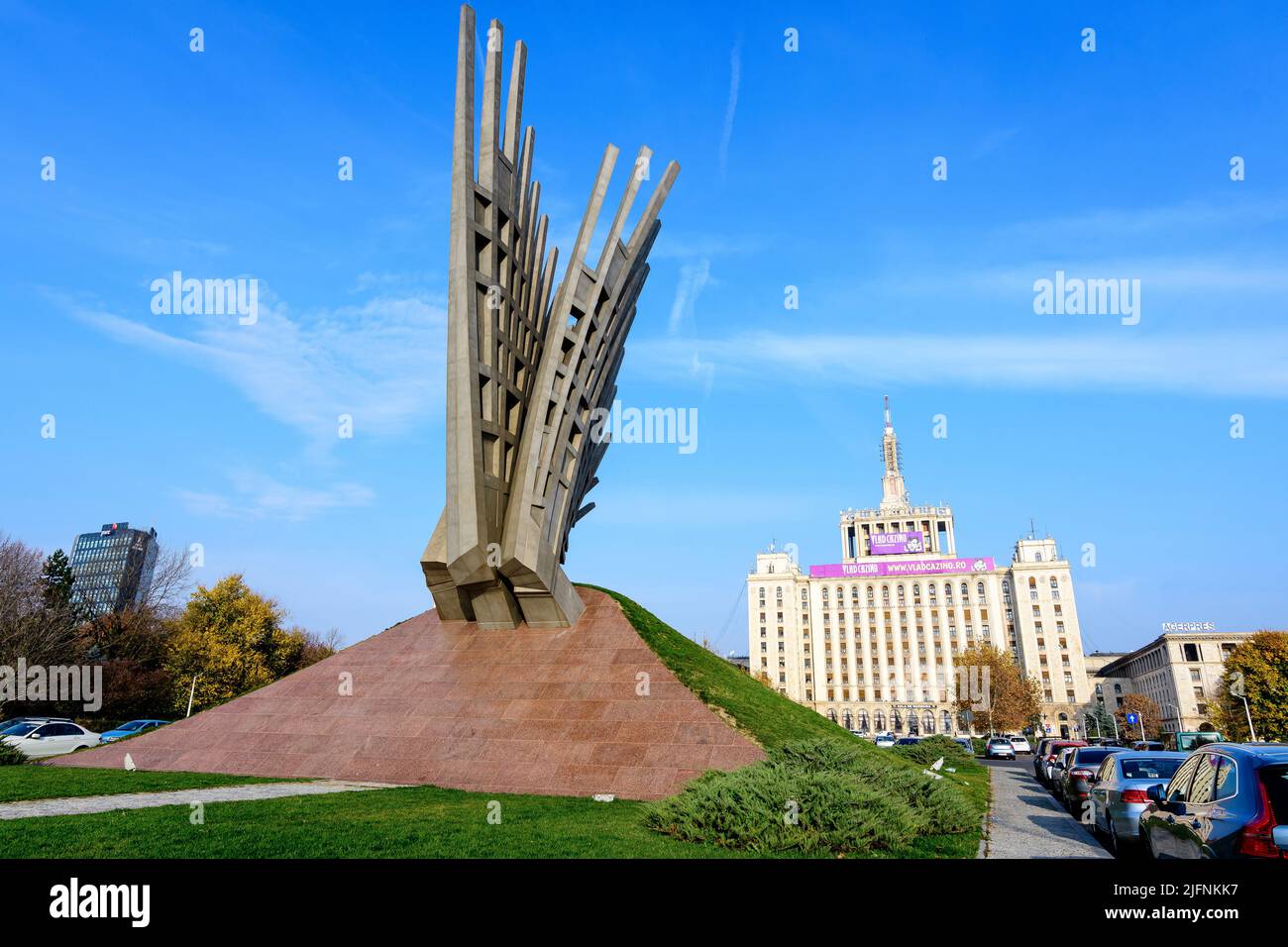 Bucharest, Romania, 6 Nov 2021: Wings monument and the main building of ...