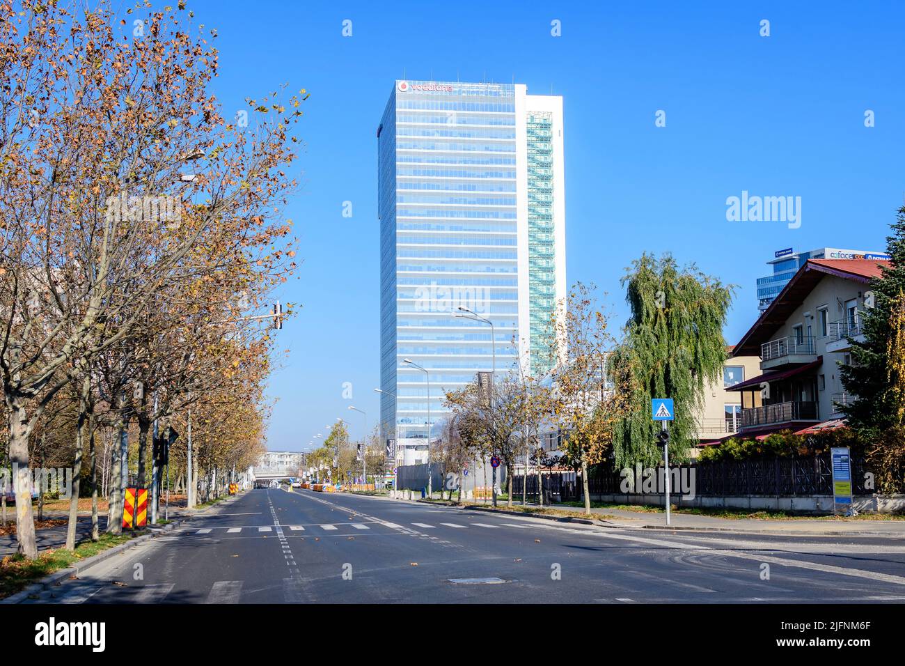 Bucharest, Romania, 21 Nov 2021: Modern glass building of Globalworth Tower in Aurel Vlaicu ...