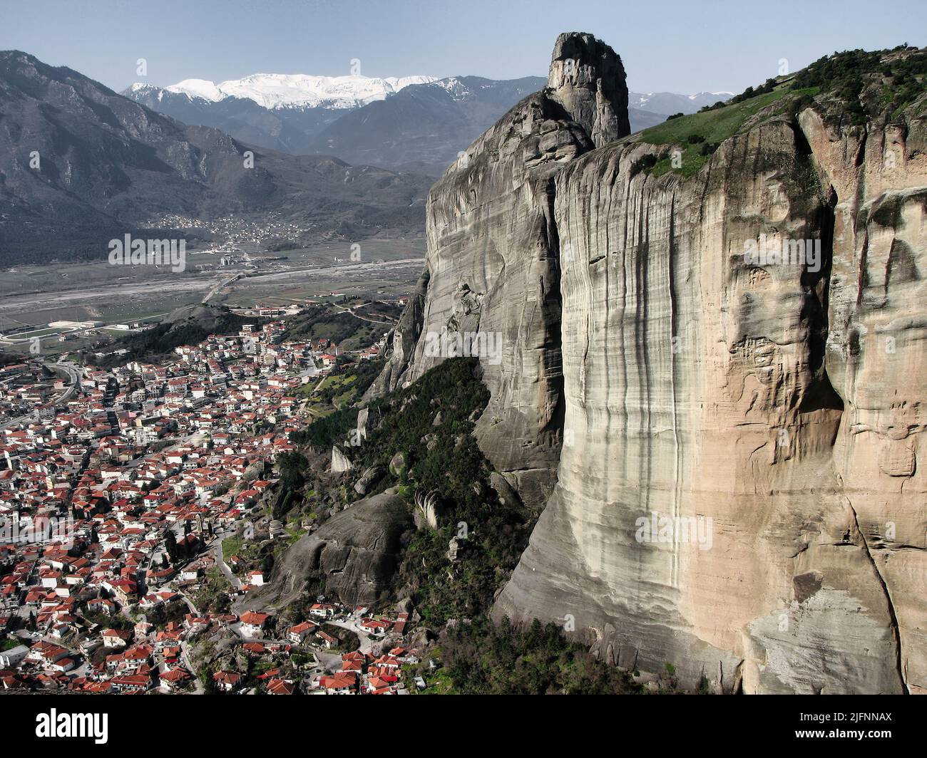 Greece Meteora landscape panoramic aerial view. Kalabaka village and ...