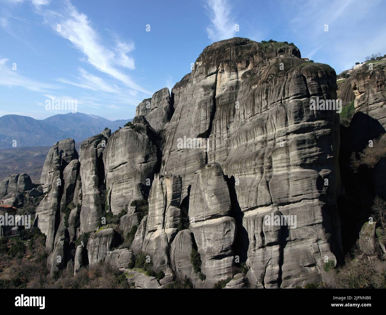Greece Meteora landscape panoramic aerial view. Kalabaka village and ...