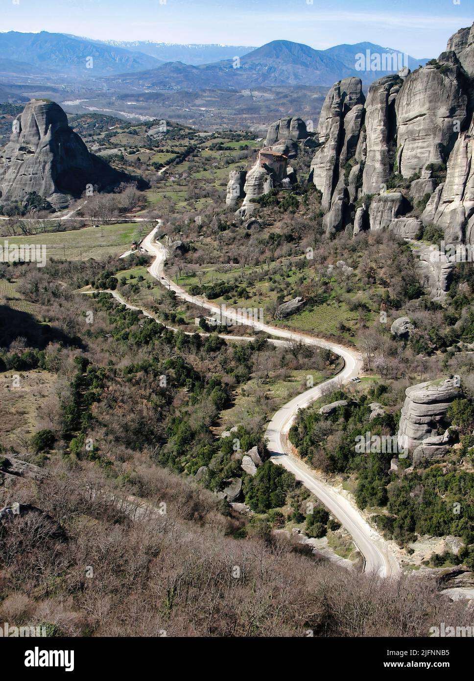 Greece Meteora landscape panoramic aerial view. Kalabaka village and ...