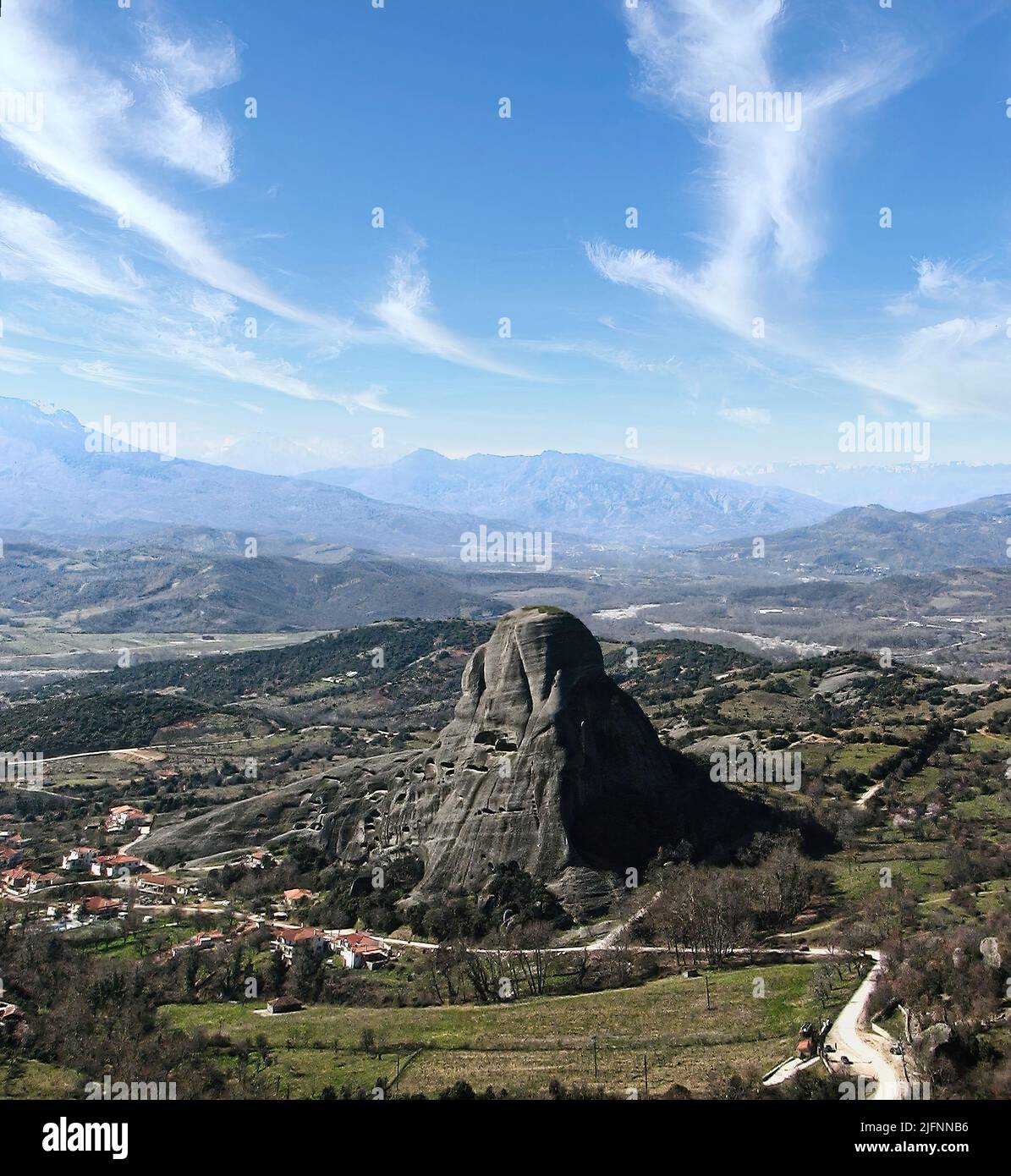 Greece Meteora landscape panoramic aerial view. Kalabaka village and ...