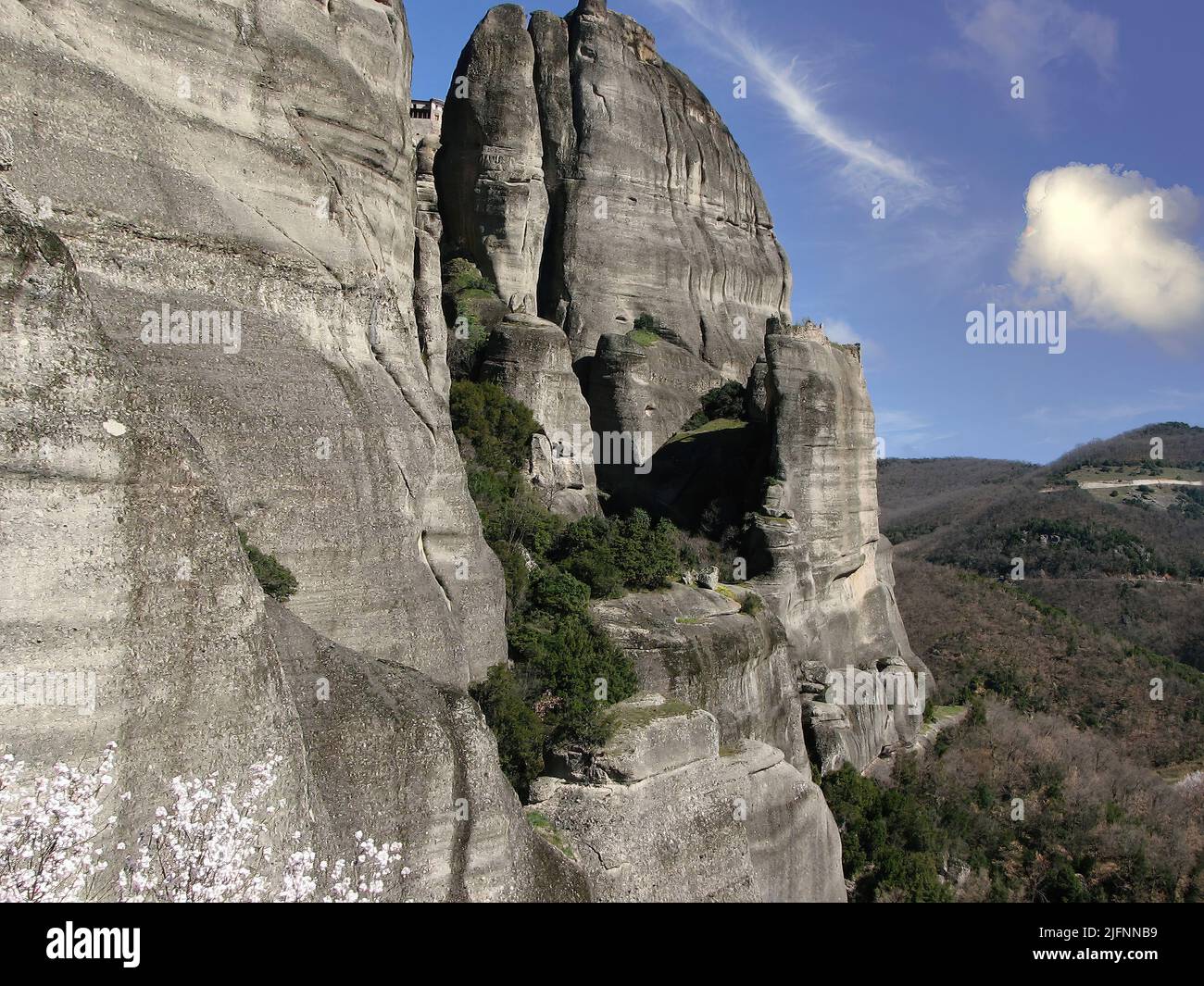 Greece Meteora landscape panoramic aerial view. Kalabaka village and ...