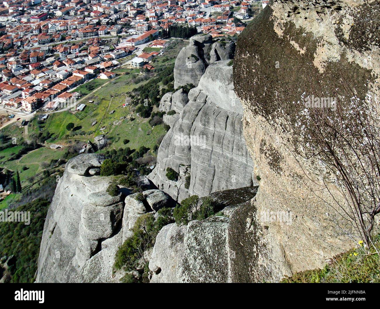 Greece Meteora landscape panoramic aerial view. Kalabaka village and ...