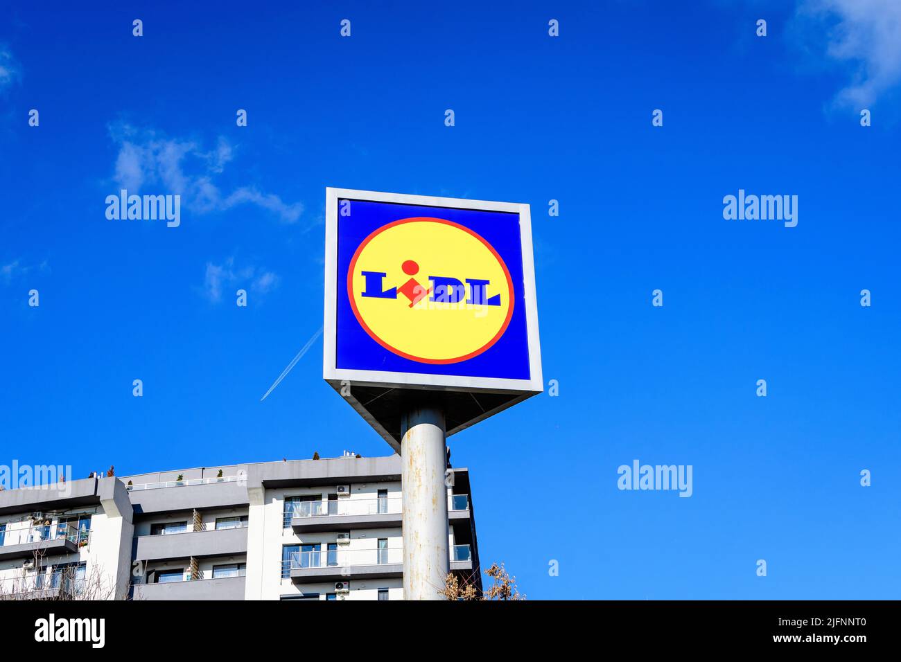 Bucharest, Romania, 14 November 2021: Entry sign with logo for a large ...