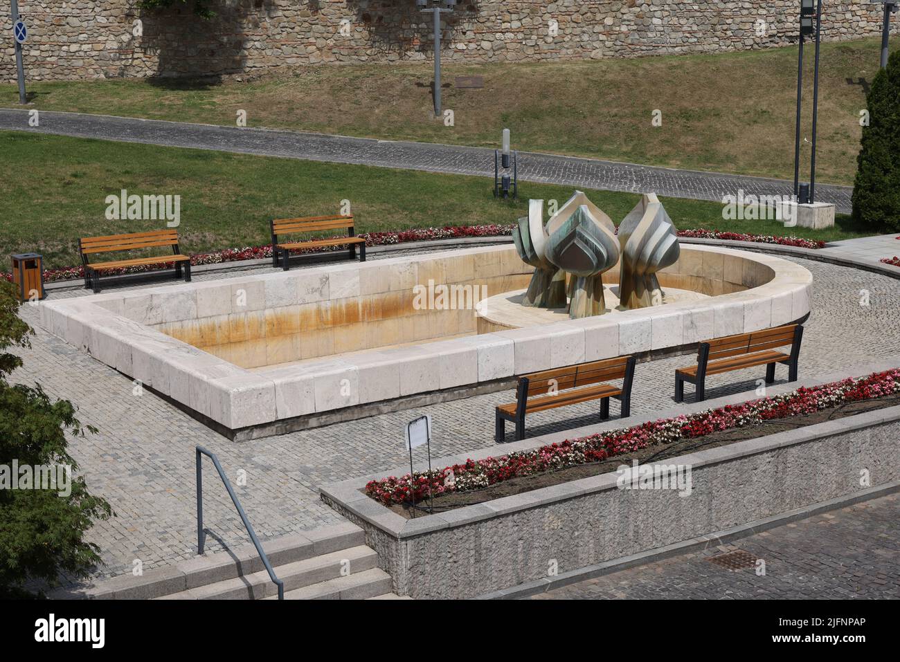 Modern fountain with flowerlike sculptures in park in Bratislava, the ...