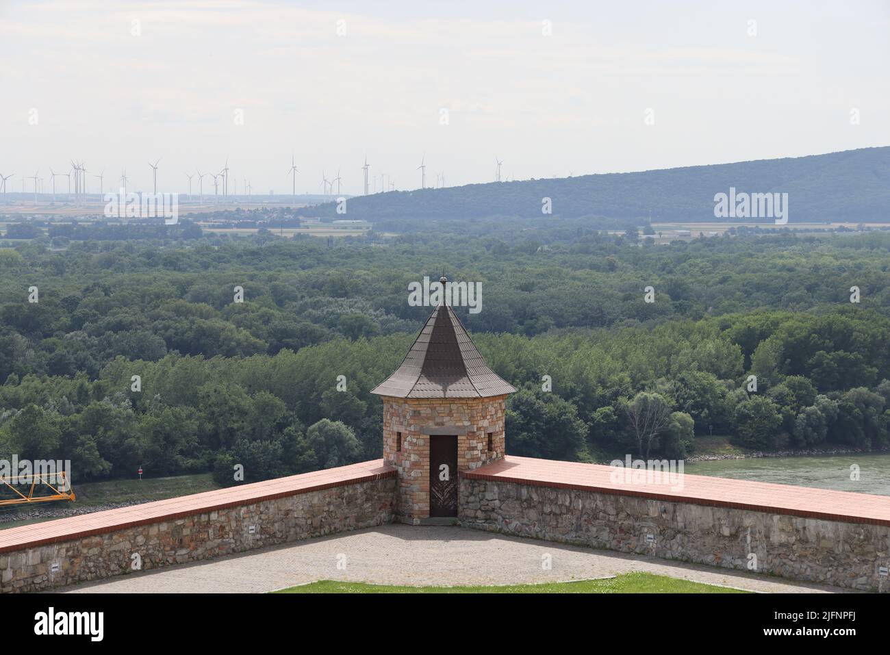 View from the Bratislava castle on a group of many wind turbines in a ...