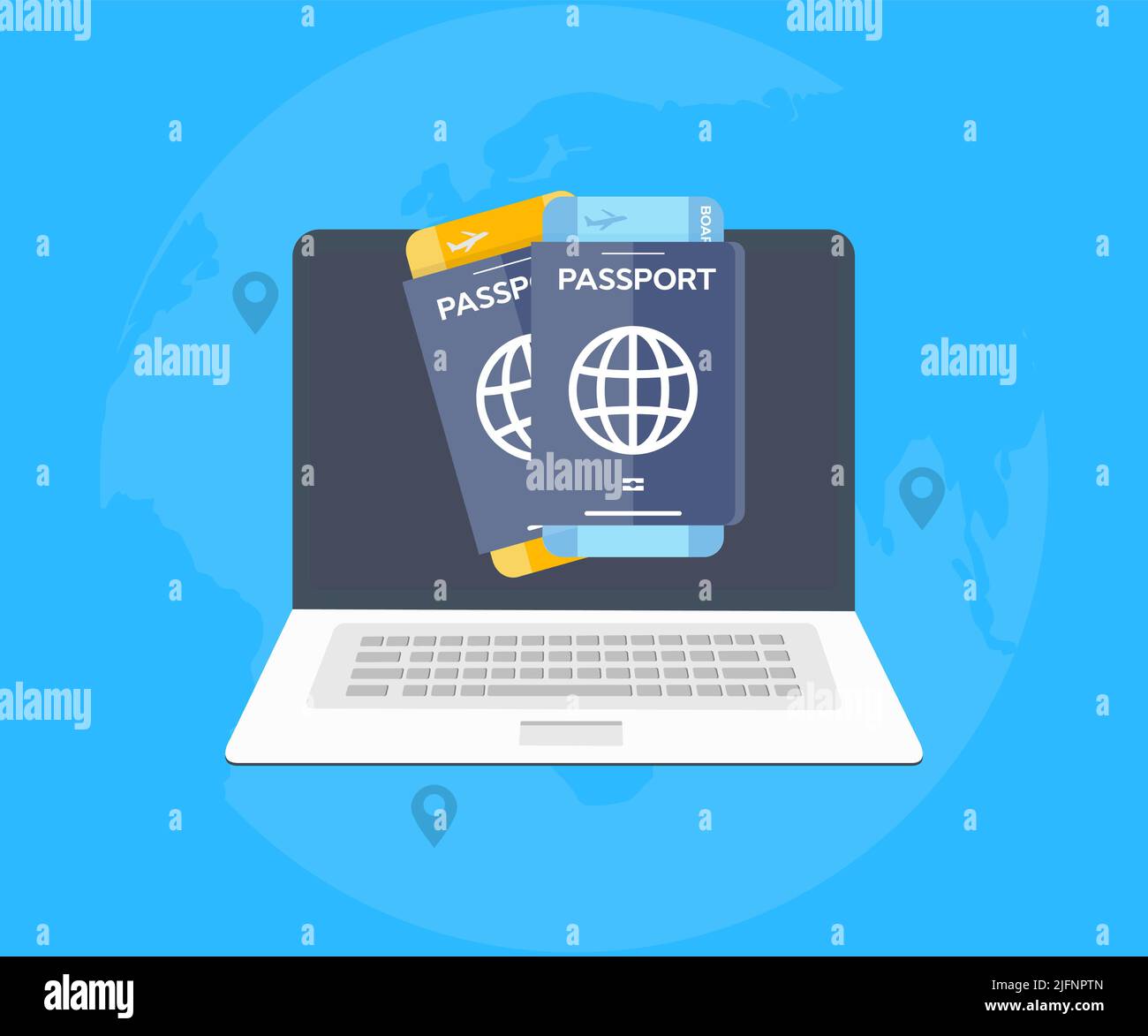 Travel planning on laptop computer logo design. Business travel ...