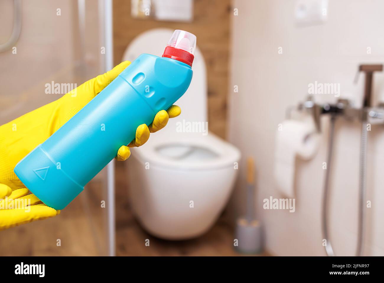 mockup, toilet cleaner, blue bottle of liquid product with place for ...