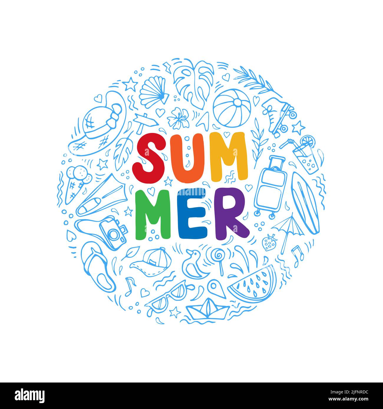Summer symbols doodle clipart. Circle blue and rainbow composition ...
