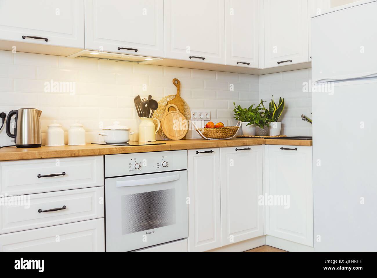 interior of a modern, white, comfortable kitchen, close-up in the ...