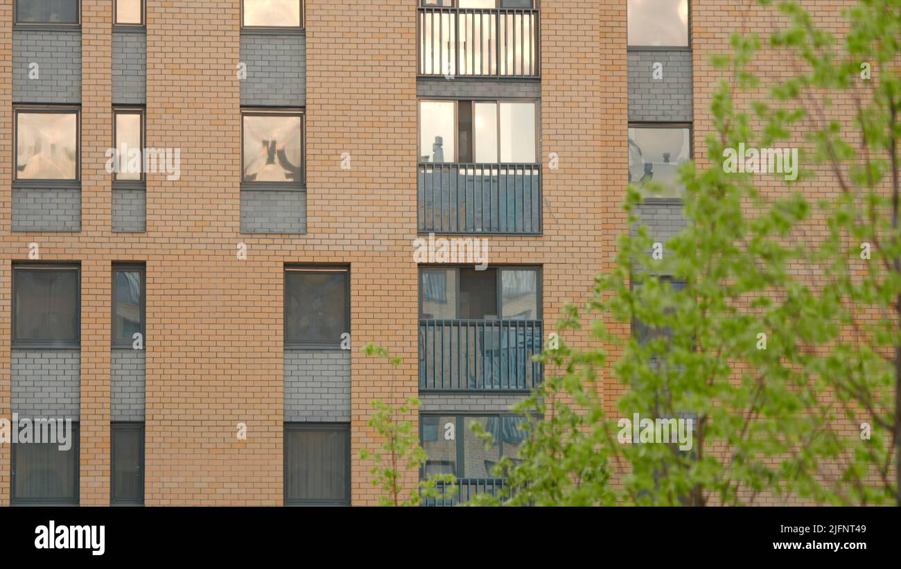 Panoramic view of facade of residential building. Stock footage. View ...