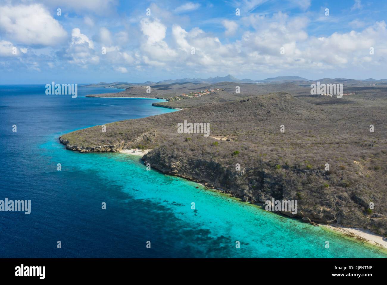 Aerial view of the coast of Curaçao in the Caribbean with beach, cliff ...