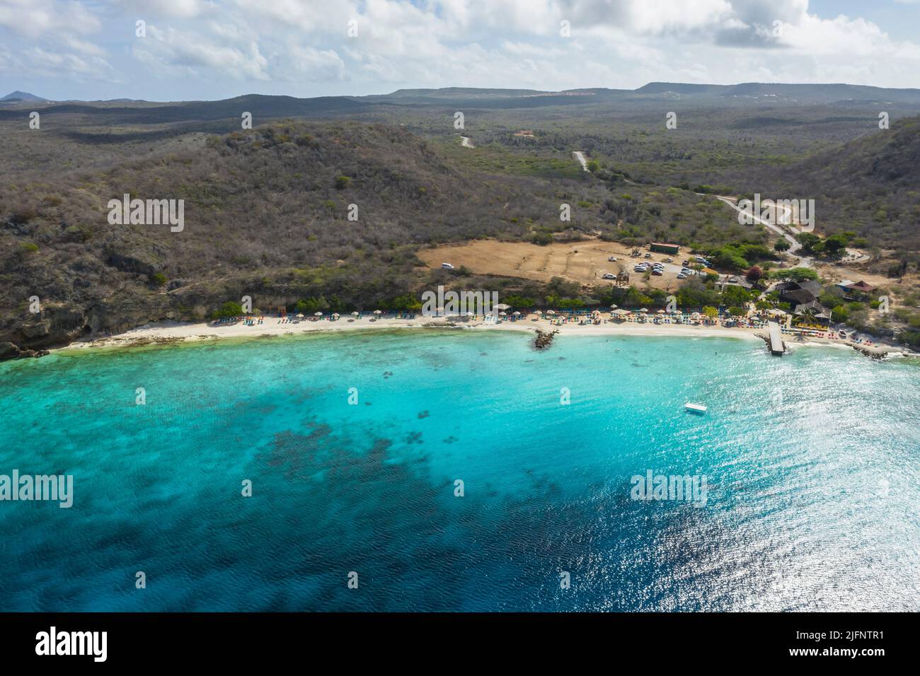 Aerial view of the coast of Curaçao in the Caribbean with beach, cliff ...
