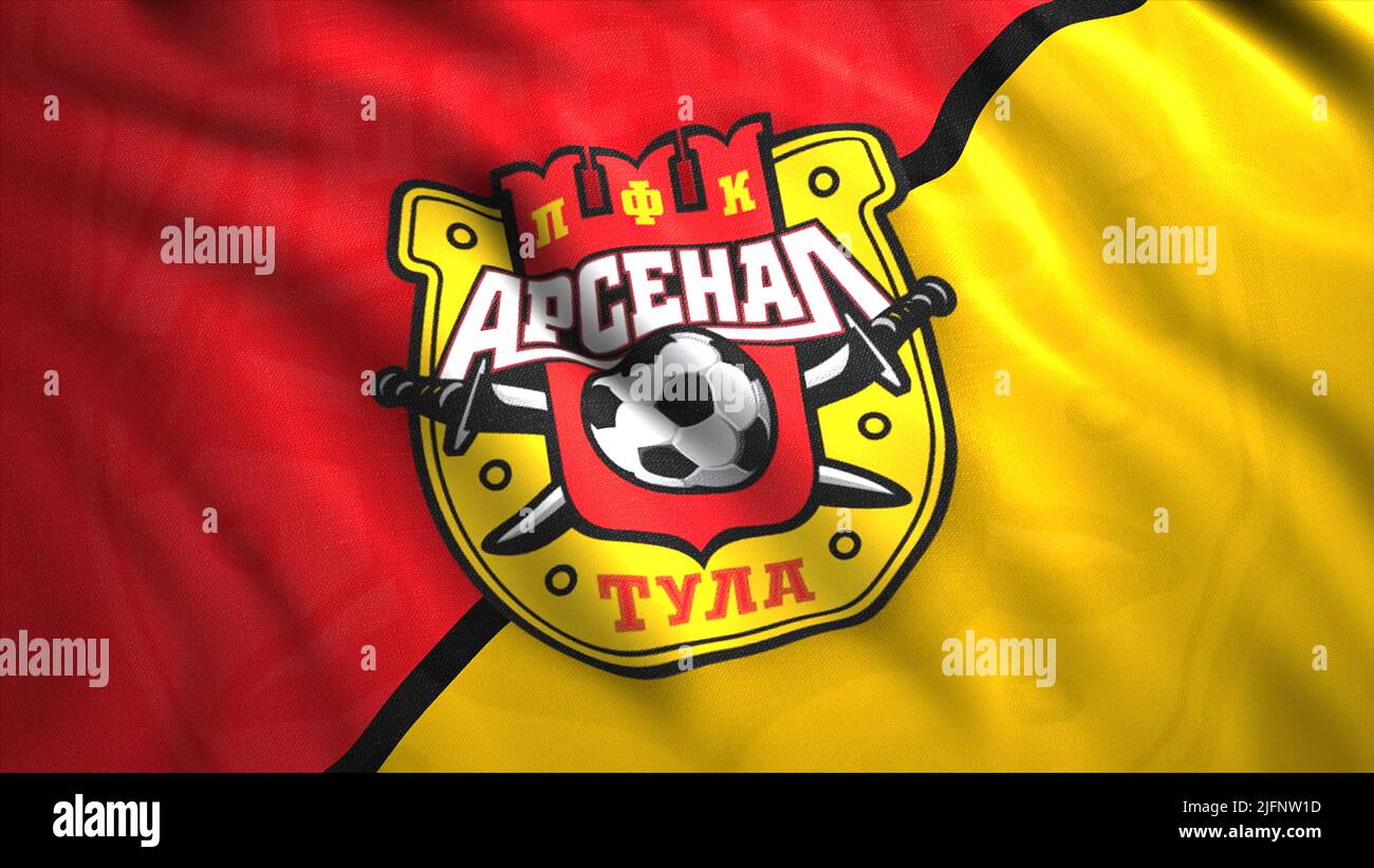 Flag with logo of football club. Motion. Bright flag with emblem of ...