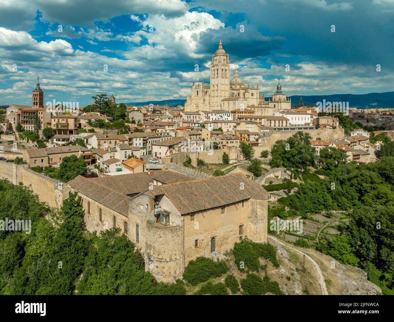 Aerial view of Segovia medieval center, Alcazar royal palace, city ...